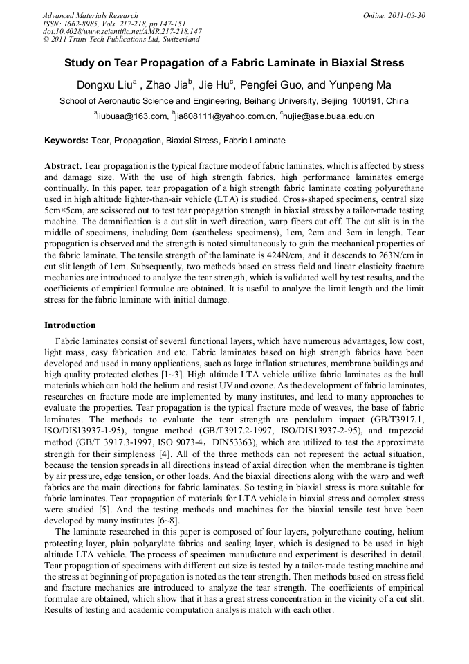 Study on Tear Propagation of a Fabric Laminate in Biaxial Stress ...