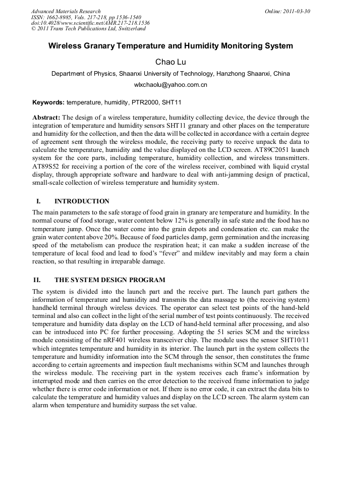 Wireless Granary Temperature and Humidity Monitoring System ...