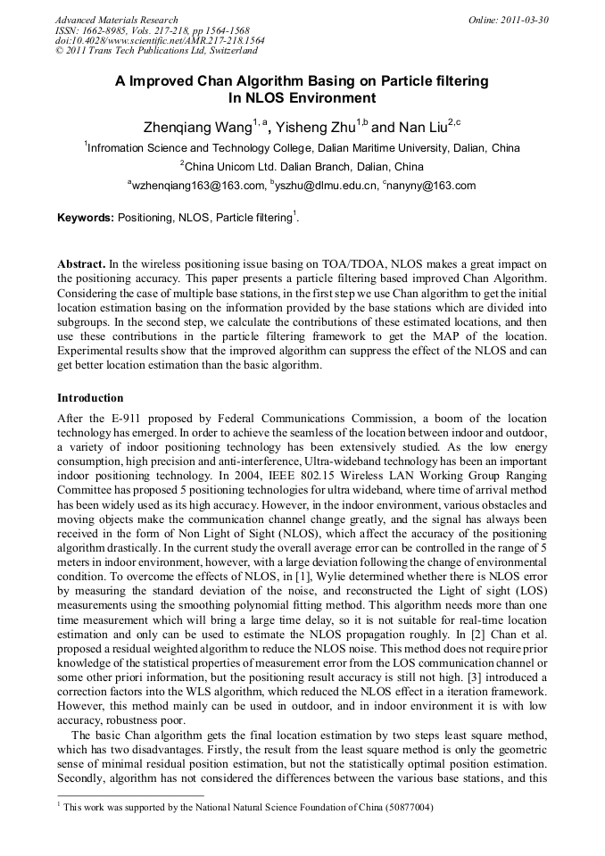 A Improved Chan Algorithm Basing on Particle Filtering in NLOS ...