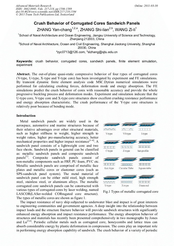 Crush Behavior of Corrugated Cores Sandwich Panels | Scientific.Net