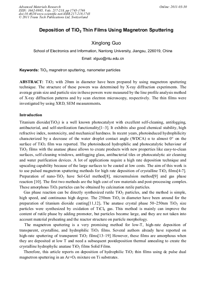 Deposition of TiO2 Thin Films Using Magnetron Sputtering | Scientific.Net
