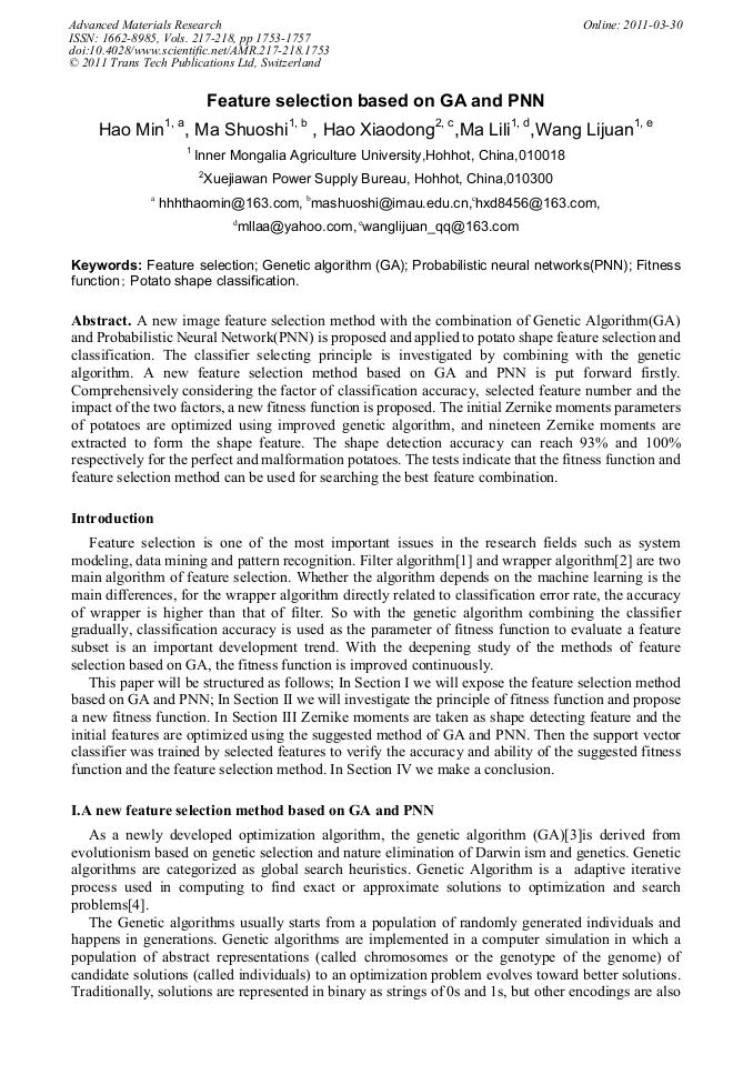 Feature Selection Based on GA and PNN | Scientific.Net