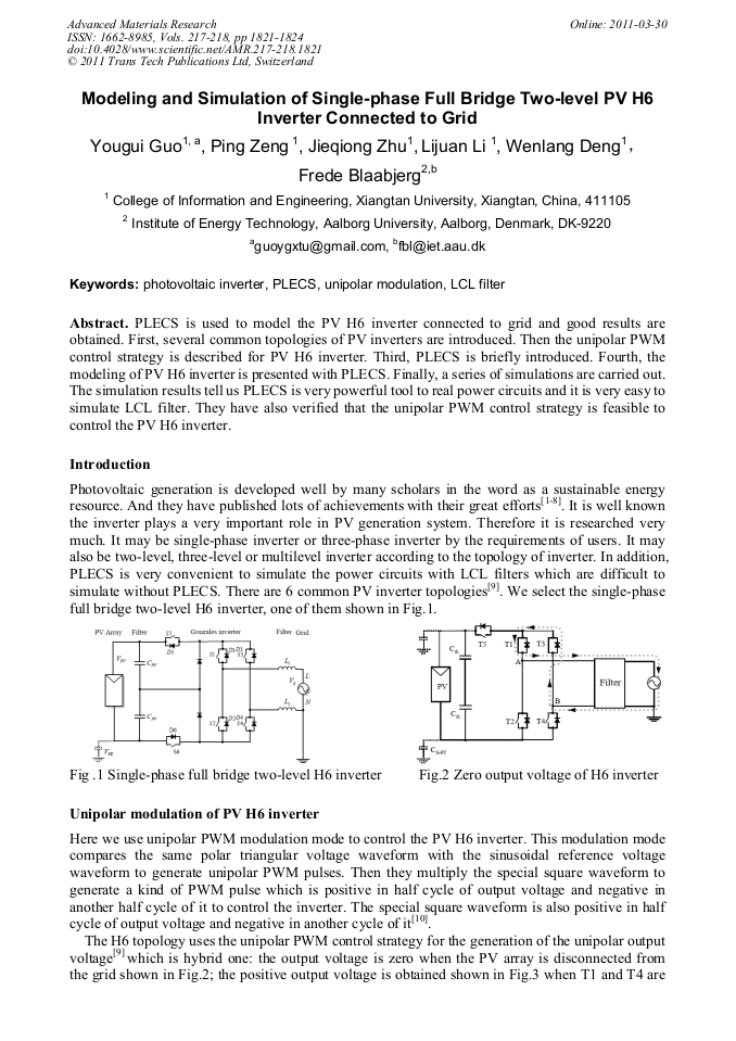 Modeling and Simulation of Single-Phase Full Bridge Two-Level PV H6 ...