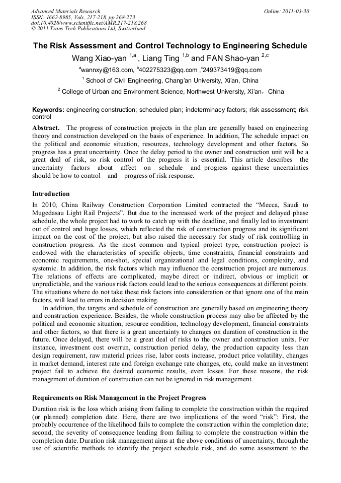 The Risk Assessment and Control Technology to Engineering Schedule ...