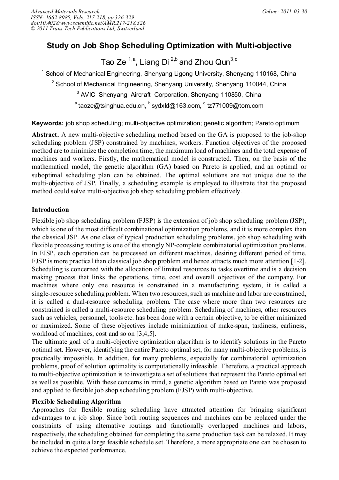 Study on Job Shop Scheduling Optimization with Multi-Objective ...