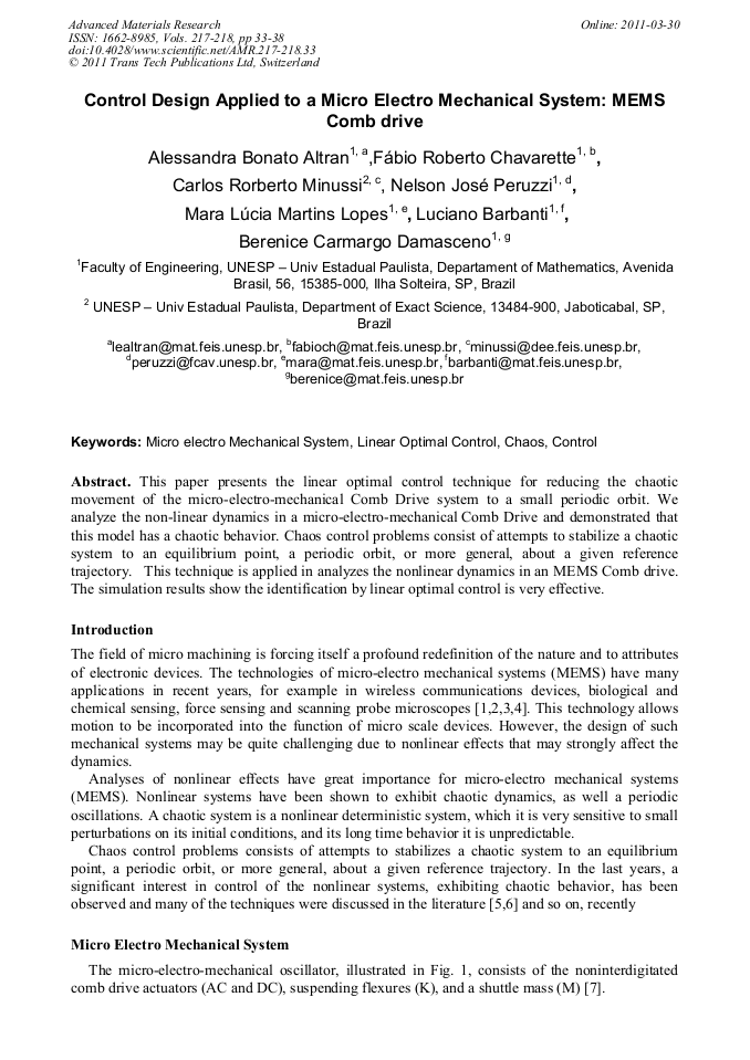 Control Design Applied to a Micro Electro Mechanical System: MEMS Comb ...