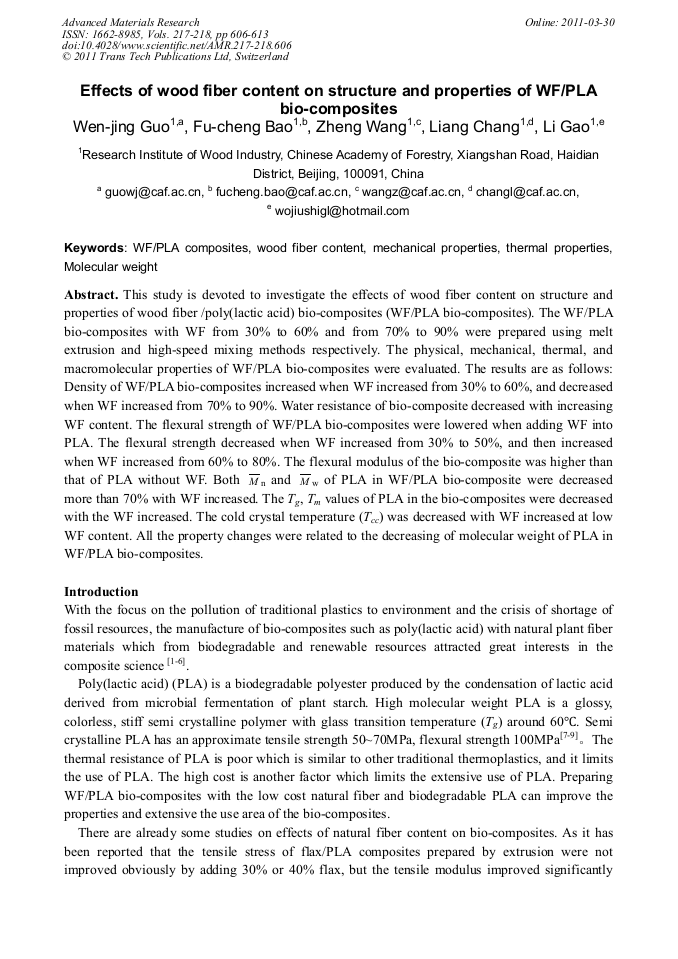 Effects of Wood Fiber Content on Structure and Properties of WF/PLA Bio ...
