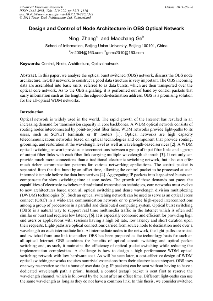 Design and Control of Node Architecture in OBS Optical Network ...