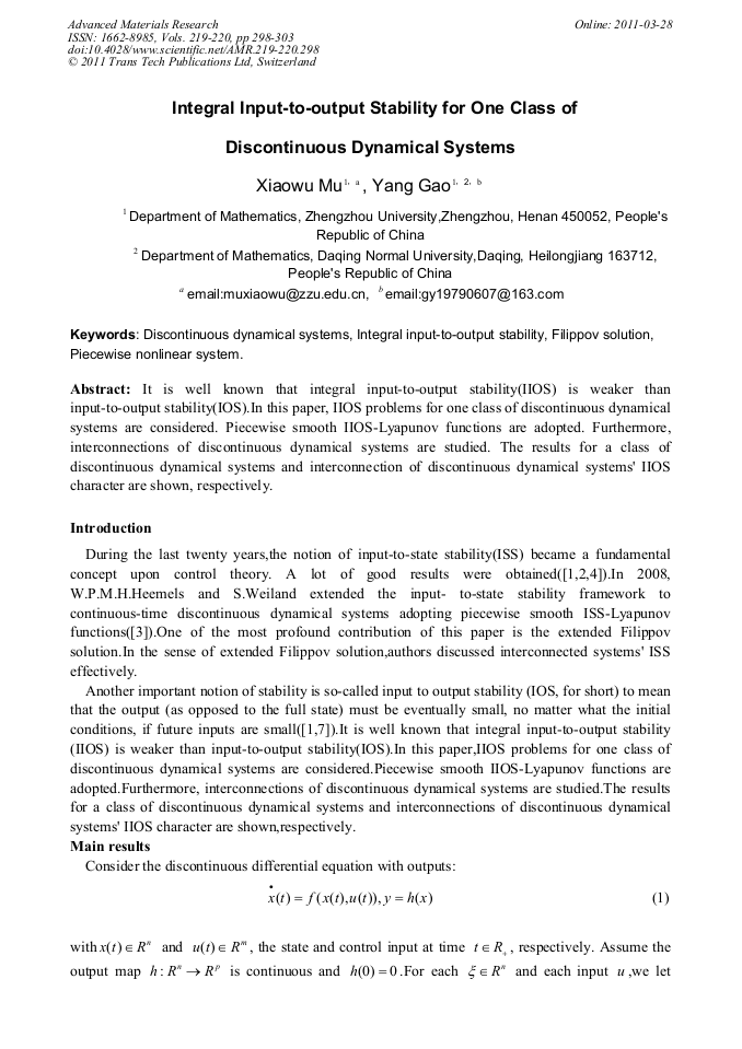 Integral Input-to-Output Stability for one Class of Discontinuous ...