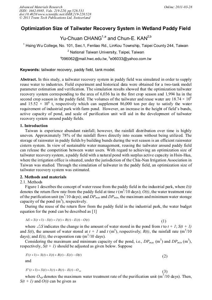 Optimization Size of Tailwater Recovery System in Wetland Paddy Field ...