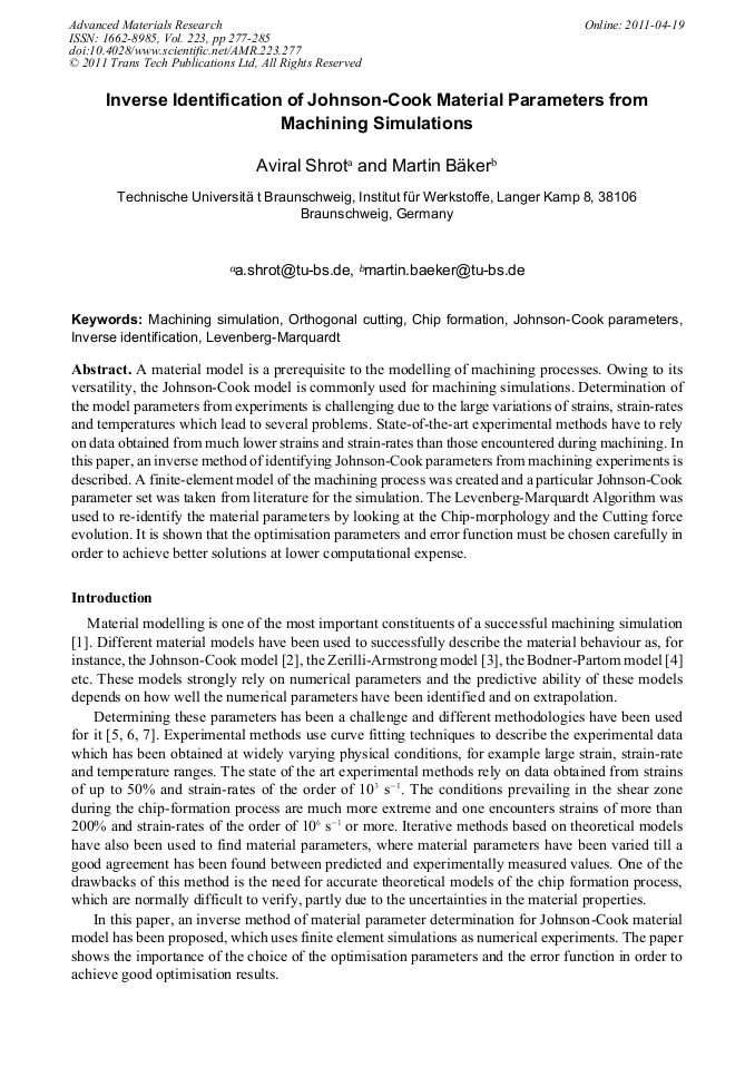 Inverse Identification of Johnson-Cook Material Parameters from ...