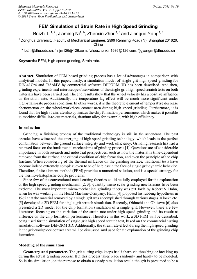 FEM Simulation of Strain Rate in High Speed Grinding | Scientific.Net