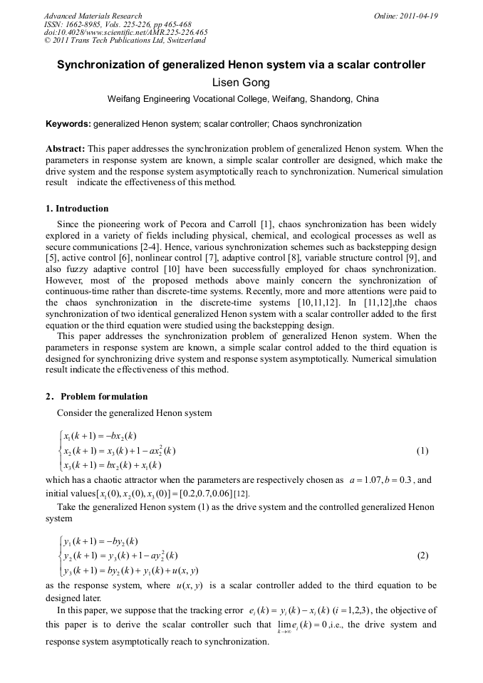 Synchronization of Generalized Henon System via a Scalar Controller ...