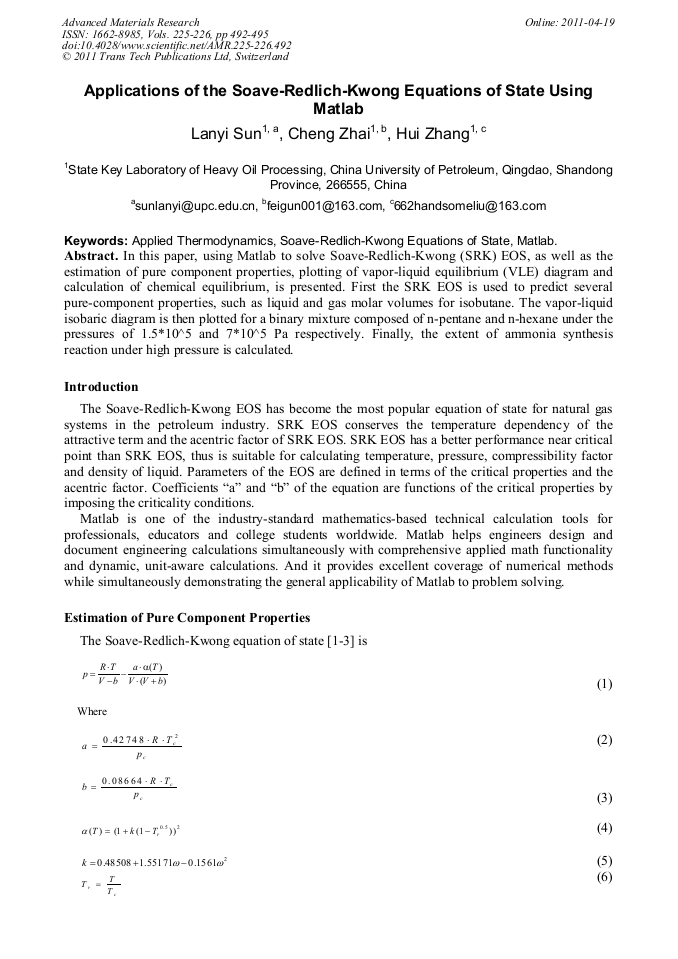Applications of the Soave-Redlich-Kwong Equations of State Using Matlab ...
