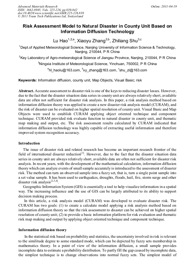 Risk Assessment Model to Natural Disaster in County Unit Based on ...