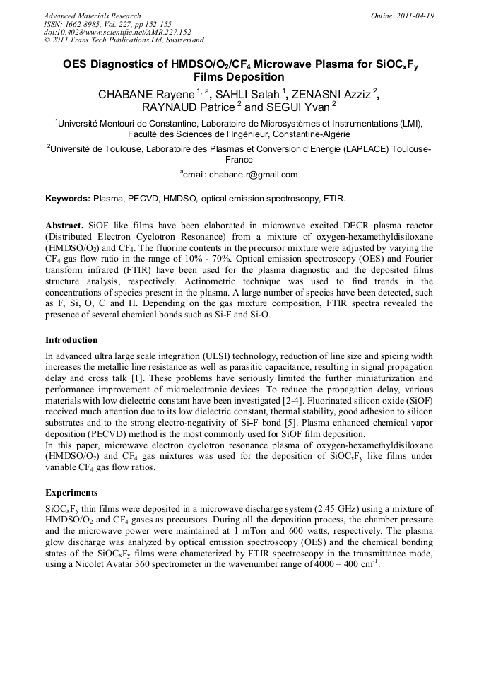 OES Diagnostics of HMDSO/O2/CF4 Microwave Plasma for SiOCxFy Films ...