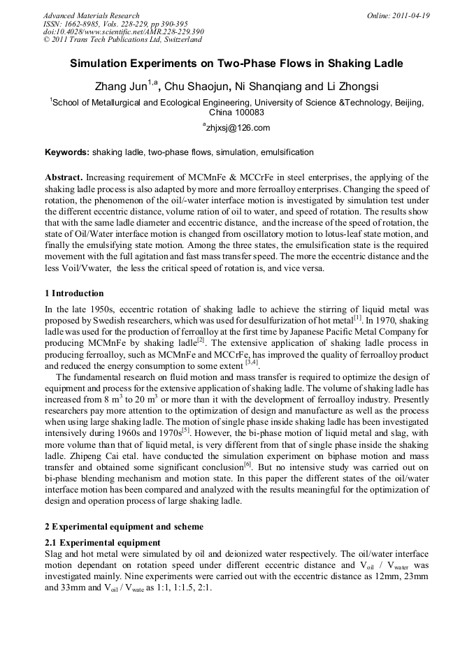 Simulation Experiments on Two-Phase Flows in Shaking Ladle | Scientific.Net