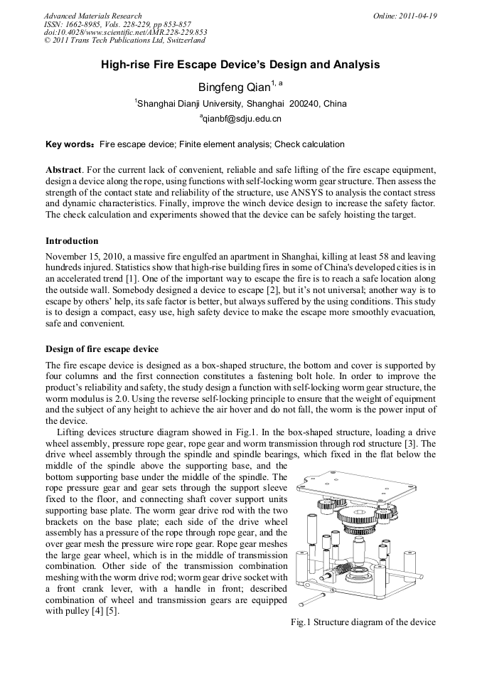 High-Rise Fire Escape Device’s Design and Analysis | Scientific.Net