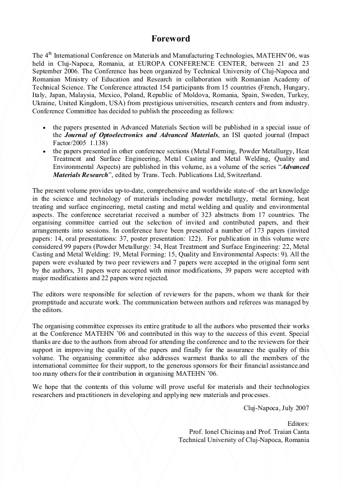 Foreword | Materials and Technologies | Scientific.Net