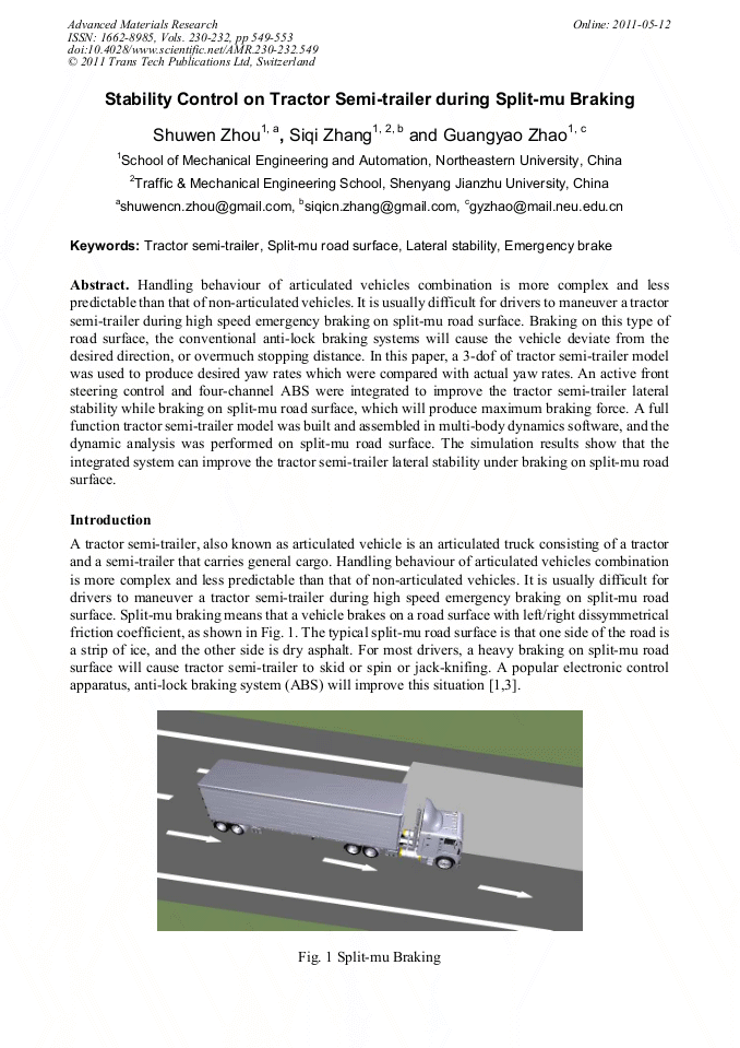 Stability Control on Tractor Semi-Trailer during Split-Mu Braking ...