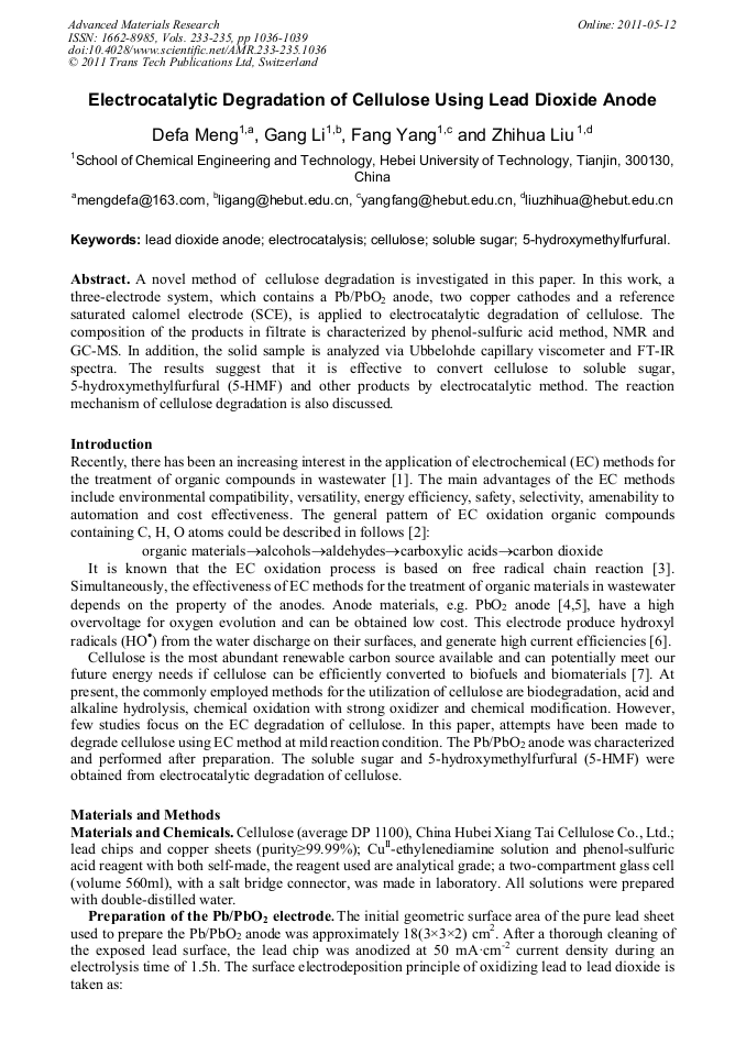 Electrocatalytic Degradation of Cellulose Using Lead Dioxide Anode ...
