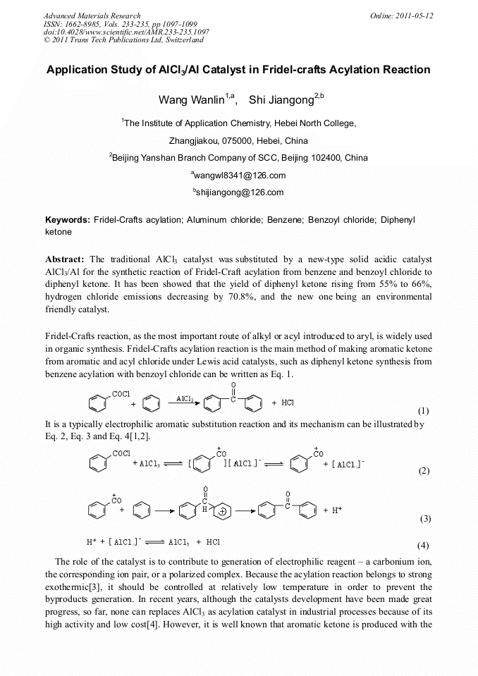 Application Study of AlCl3/Al Catalyst in Fridel-Crafts Acylation ...