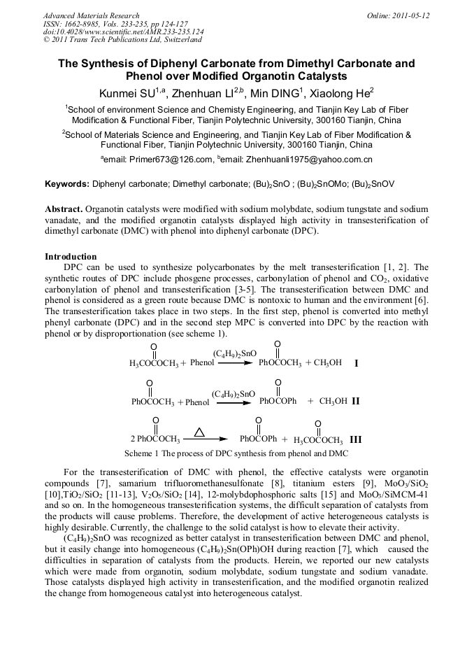 The Synthesis of Diphenyl Carbonate from Dimethyl Carbonate and Phenol ...