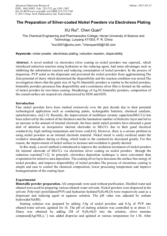 The Preparation of Silver-Coated Nickel Powders via Electroless Plating ...