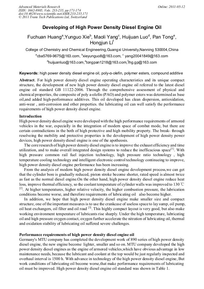 Developing of High Power Density Diesel Engine Oil | Scientific.Net