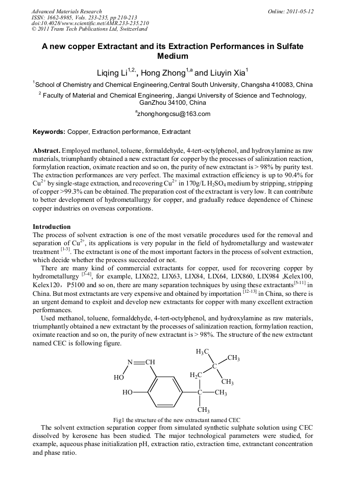 A New Copper Extractant and its Extraction Performances in Sulfate ...