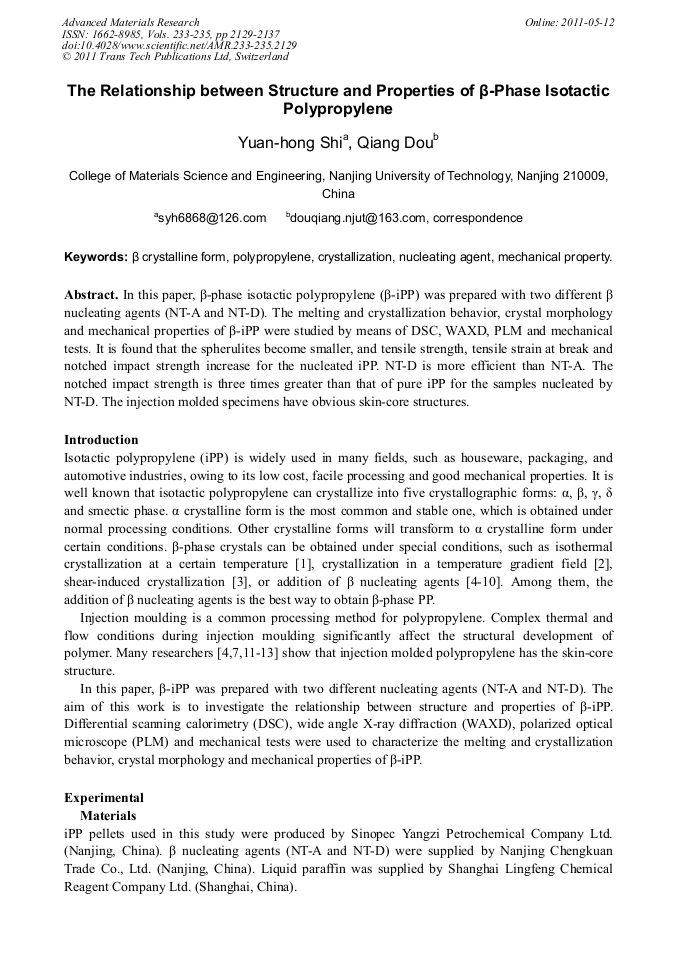 The Relationship between Structure and Properties of β-Phase Isotactic ...