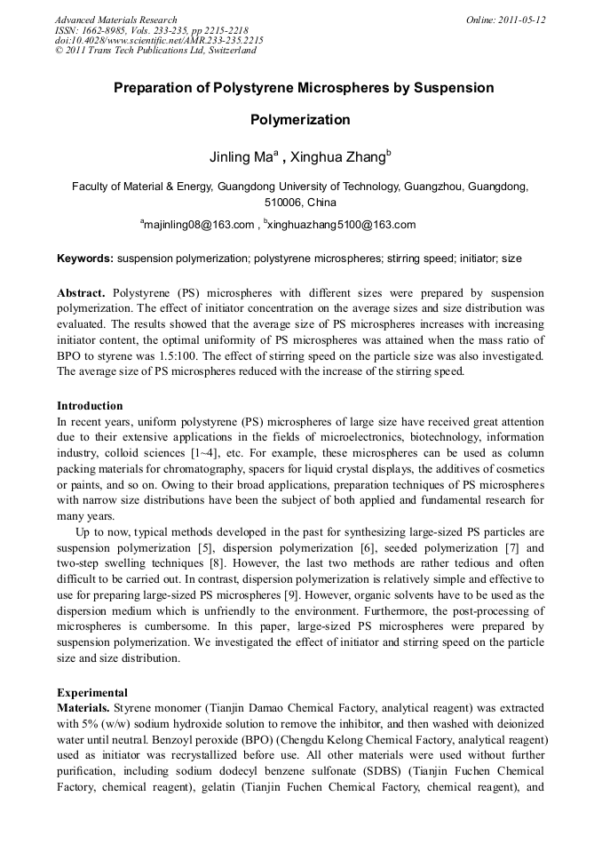 Preparation of Polystyrene Microspheres by Suspension Polymerization ...