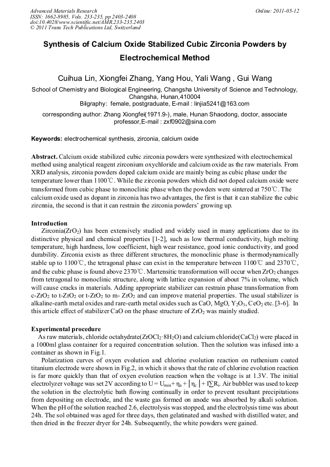Synthesis of Calcium Oxide Stabilized Cubic Zirconia Powders by ...