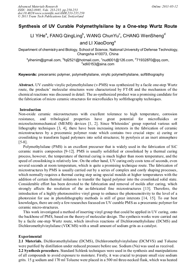 Synthesis of UV Curable Polymethylsilane by a one-Step Wurtz Route ...
