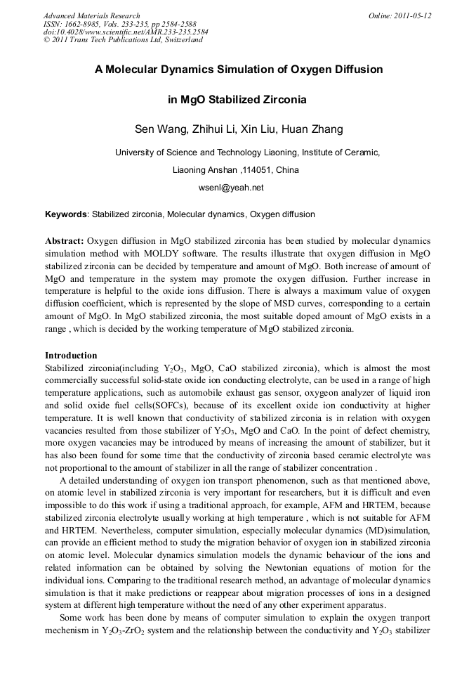 A Molecular Dynamics Simulation of Oxygen Diffusion in MgO Stabilized ...