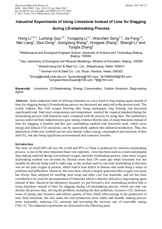 Industrial Experiments of Using Limestone Instead of Lime for Slagging ...