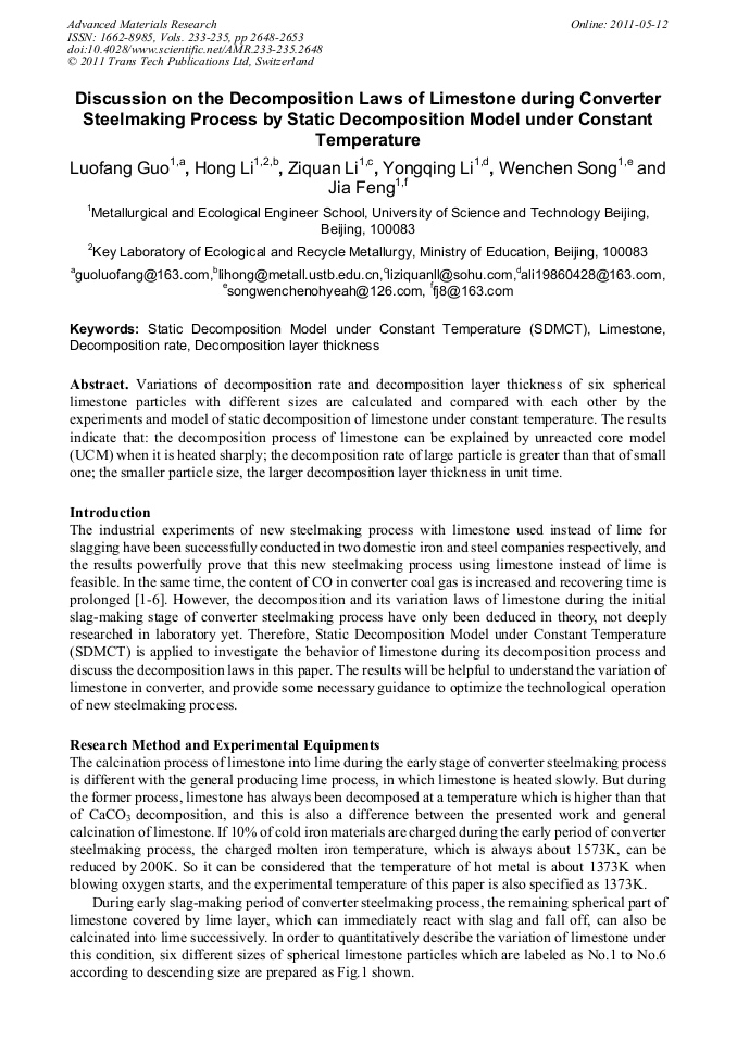 Discussion on the Decomposition Laws of Limestone during Converter ...