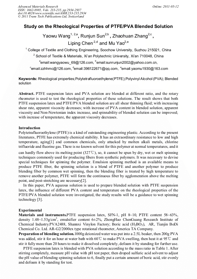 Study on the Rheological Properties of PTFE/PVA Blended Solution ...