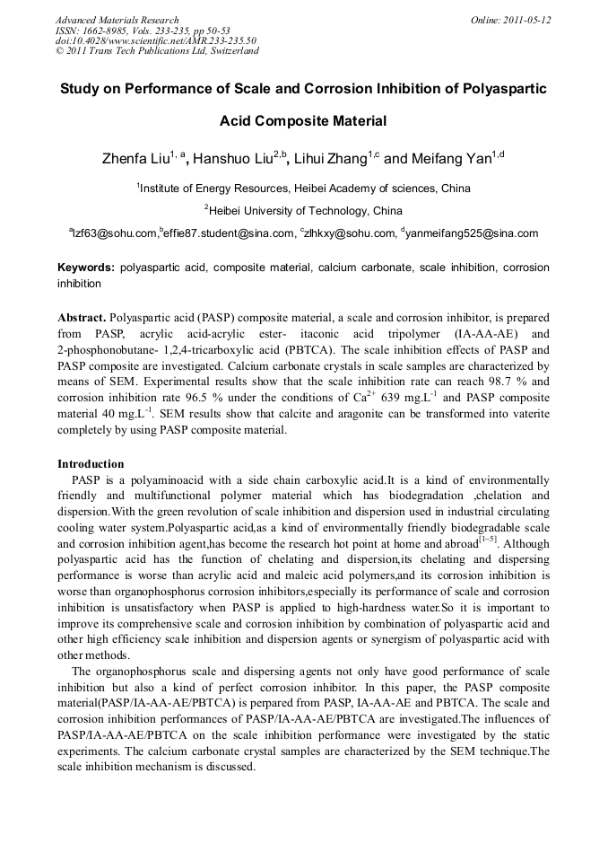 Study on Performance of Scale and Corrosion Inhibition of Polyaspartic ...