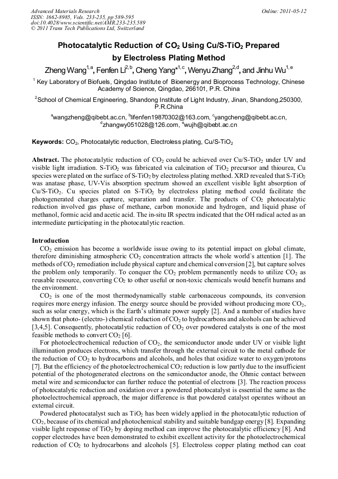 Photocatalytic Reduction of CO2 Using Cu/S-TiO2 Prepared by Electroless ...