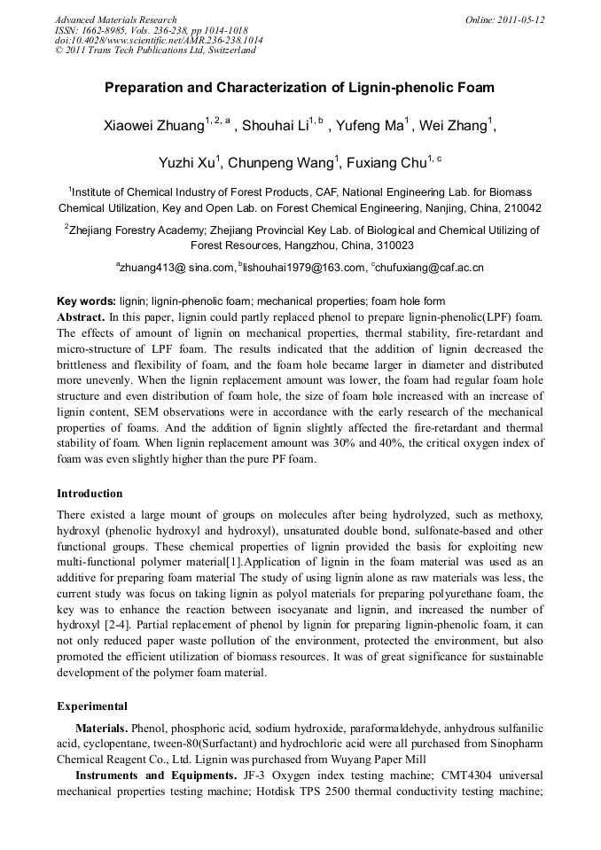 Preparation and Characterization of Lignin-Phenolic Foam | Scientific.Net