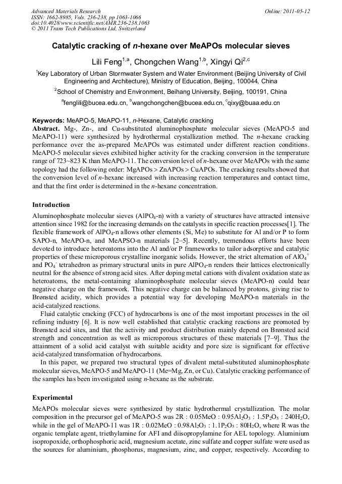 Catalytic Cracking of n-Hexane over MeAPOs Molecular Sieves ...