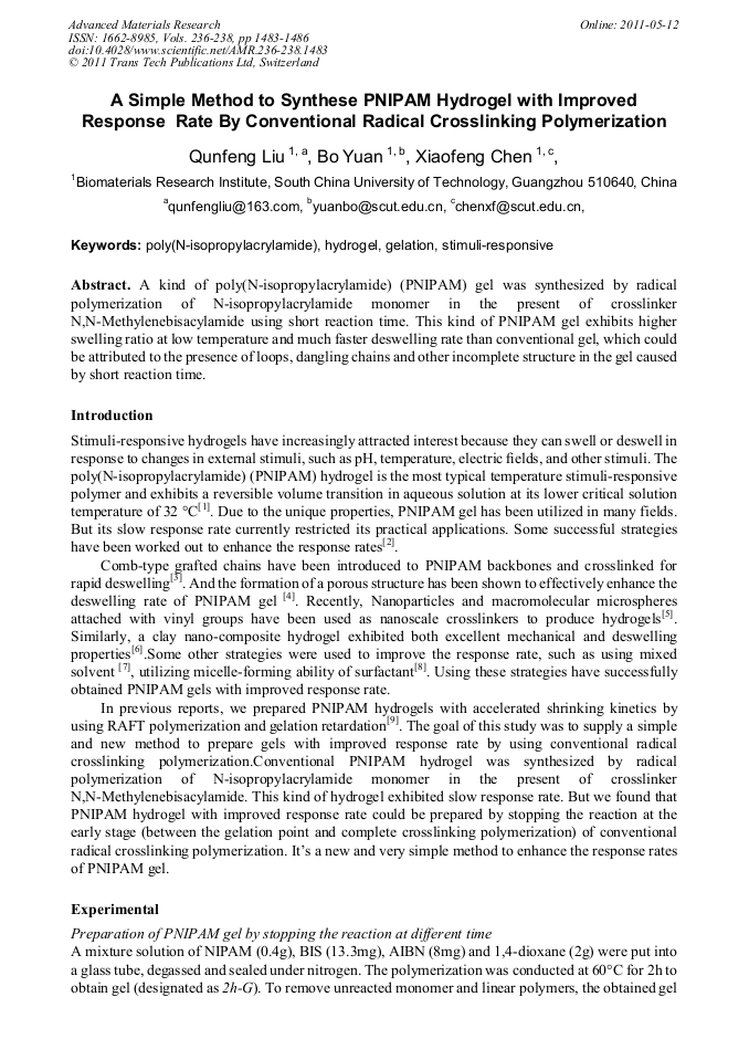 A Simple Method to Synthese PNIPAM Hydrogel with Improved Response Rate ...
