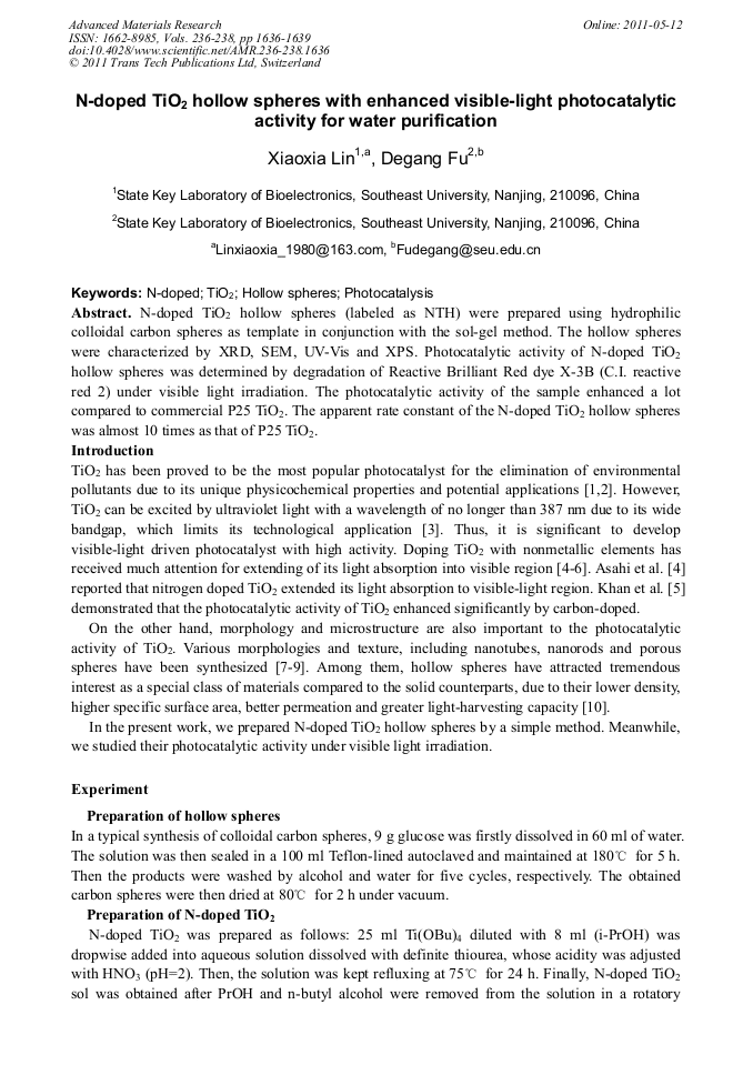 N-Doped TiO2 Hollow Spheres with Enhanced Visible-Light Photocatalytic ...
