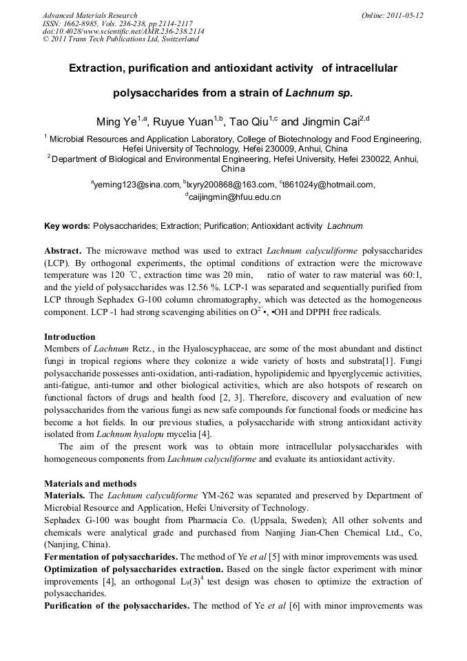 Extraction, Purification and Antioxidant Activity of Intracellular ...