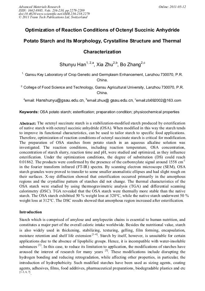 Optimization of Reaction Conditions of Octenyl Succinic Anhydride ...