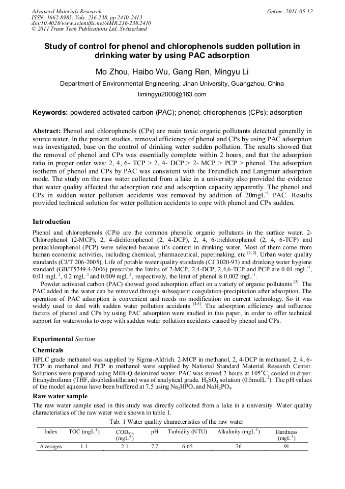 Study of Control for Phenol and Chlorophenols Sudden Pollution in ...