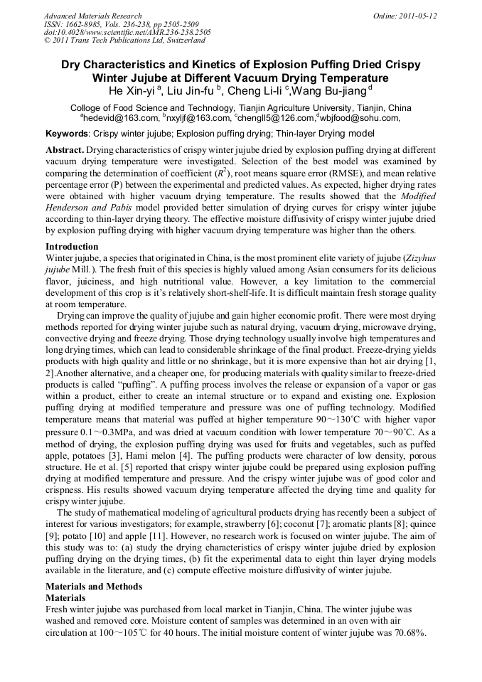 Dry Characteristics and Kinetics of Explosion Puffing Dried Crispy ...