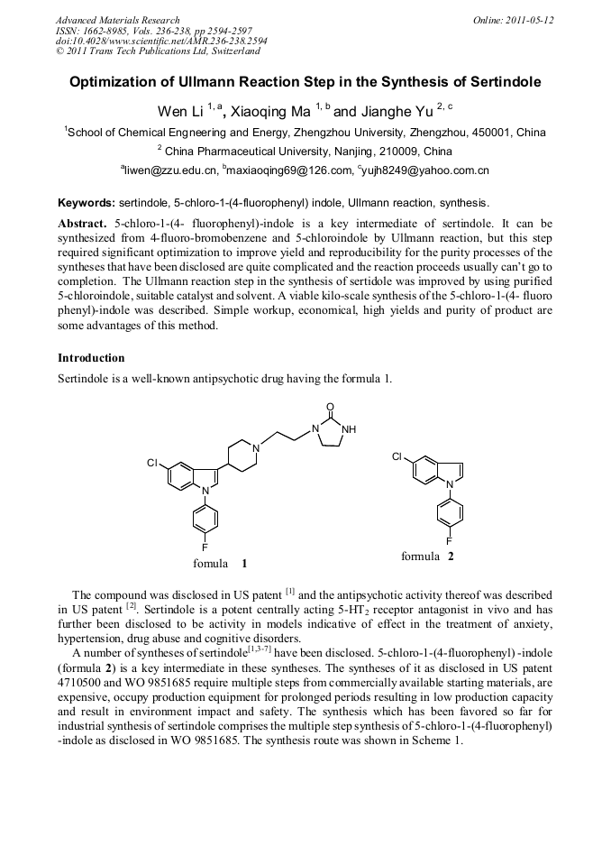 Optimization of Ullmann Reaction Step in the Synthesis of Sertindole | Scientific.Net
