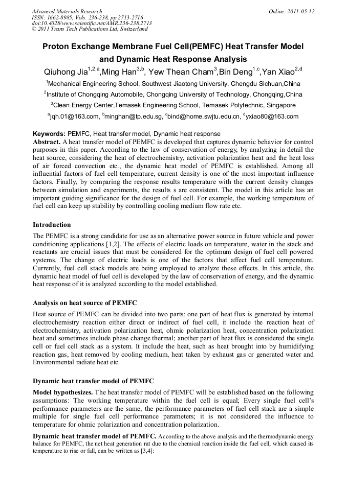 Proton Exchange Membrane Fuel Cell(PEMFC) Heat Transfer Model and ...
